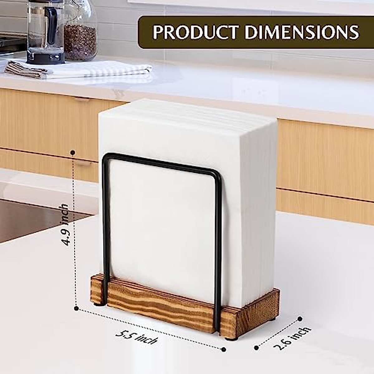 Napkin Holder for Kitchen Dining Table - Farmhouse Standing Iron Napkins Holders with Wood Base for Paper Napkins, Modern Dispenser for Home Decor