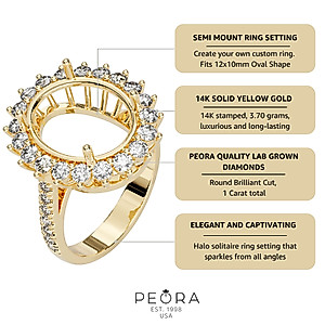 PEORA 1 Carat 14K Yellow Gold G-H/VS Lab Grown Diamond Semi Mount Ring Setting, Fits 12x10mm Oval Stone, Size 8, Semi Mount Wedding Engagement Ring Set