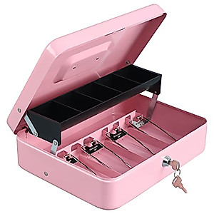 xydled Cash Box with Money Tray and Key Lock,Tiered, Cantilever Design,4 Bill / 5 Coin Slots,11.8" x 9.5" x 3.5",Pink