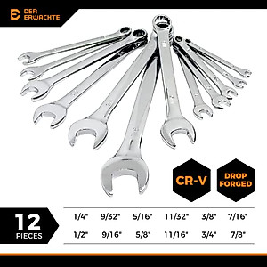Der Erwachte Combination Wrench Set, SAE, 12-Piece, 1/4'' to 7/8'', 12-Point, Chrome Vanadium Steel, with Rolling Pouch