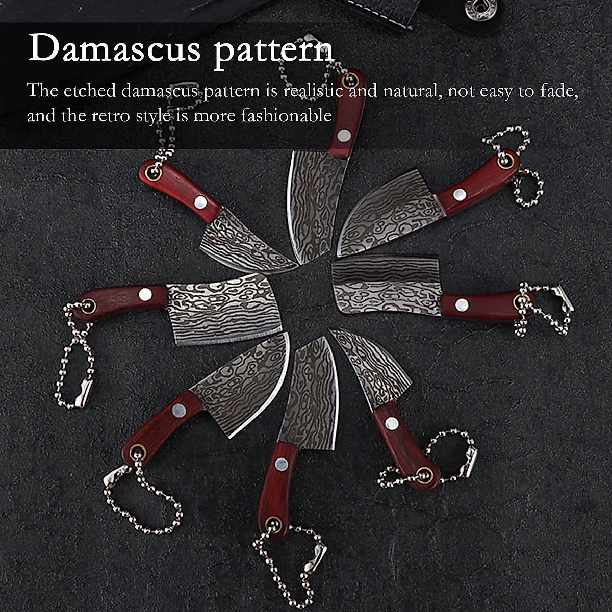 JAEZZIY Mini Knife Set, Damascus Pocket Knife Set with Sharpener, Mini Chef Knife EDC Knives Set, Tiny knife Cleaver Keychain Tiny Things for Package Opener, Box Cutter, Letter Opener - Set of 5