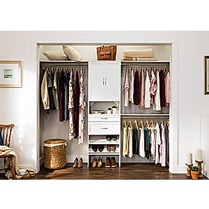 ClosetMaid SuiteSymphony Wood Closet Organizer Starter Kit Tower and 3 Hang Rods, Shelves, Adjustable, Fits Spaces 5 – 10 ft. Wide, Pure White, 25"