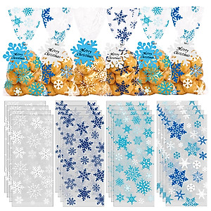 Vellibring 120PCS Christmas Cellophane Bags,Winter Snowflake Bags Transparent Plastic Candy Cookie Bags with Twist Ties Snowflake Hanging Tags for Xmas Winter Holiday Party Supplies