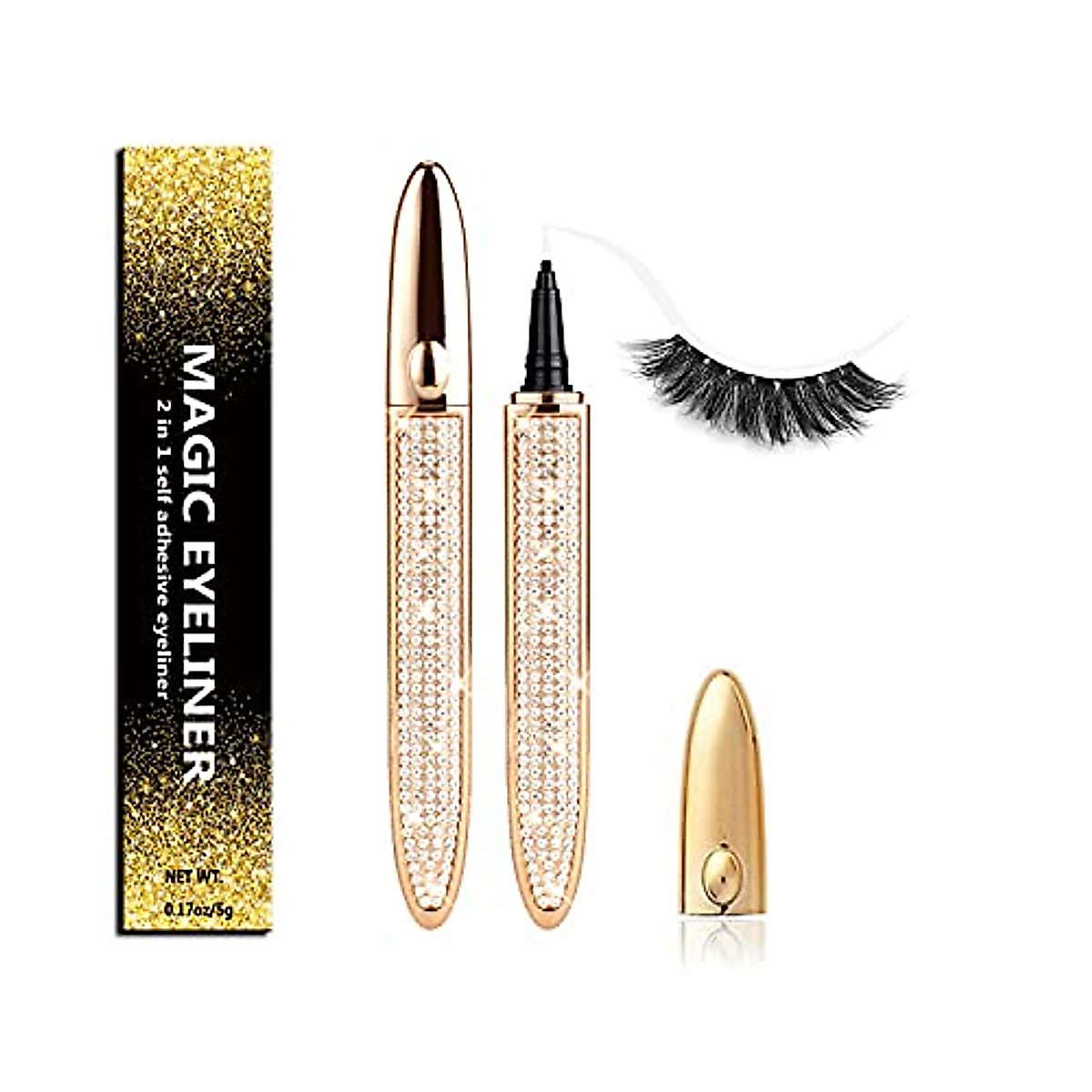 2021 Upgraded Self-adhesive Eyeliner Glue Pen,2 in 1 Eye Liner Pen Diamond Bling Glitter Liquid Eyeliner No Glue, Non Magnetic, Eye Liner for Eye Makeup and Wear Normal False Eyelashes (2021 A)