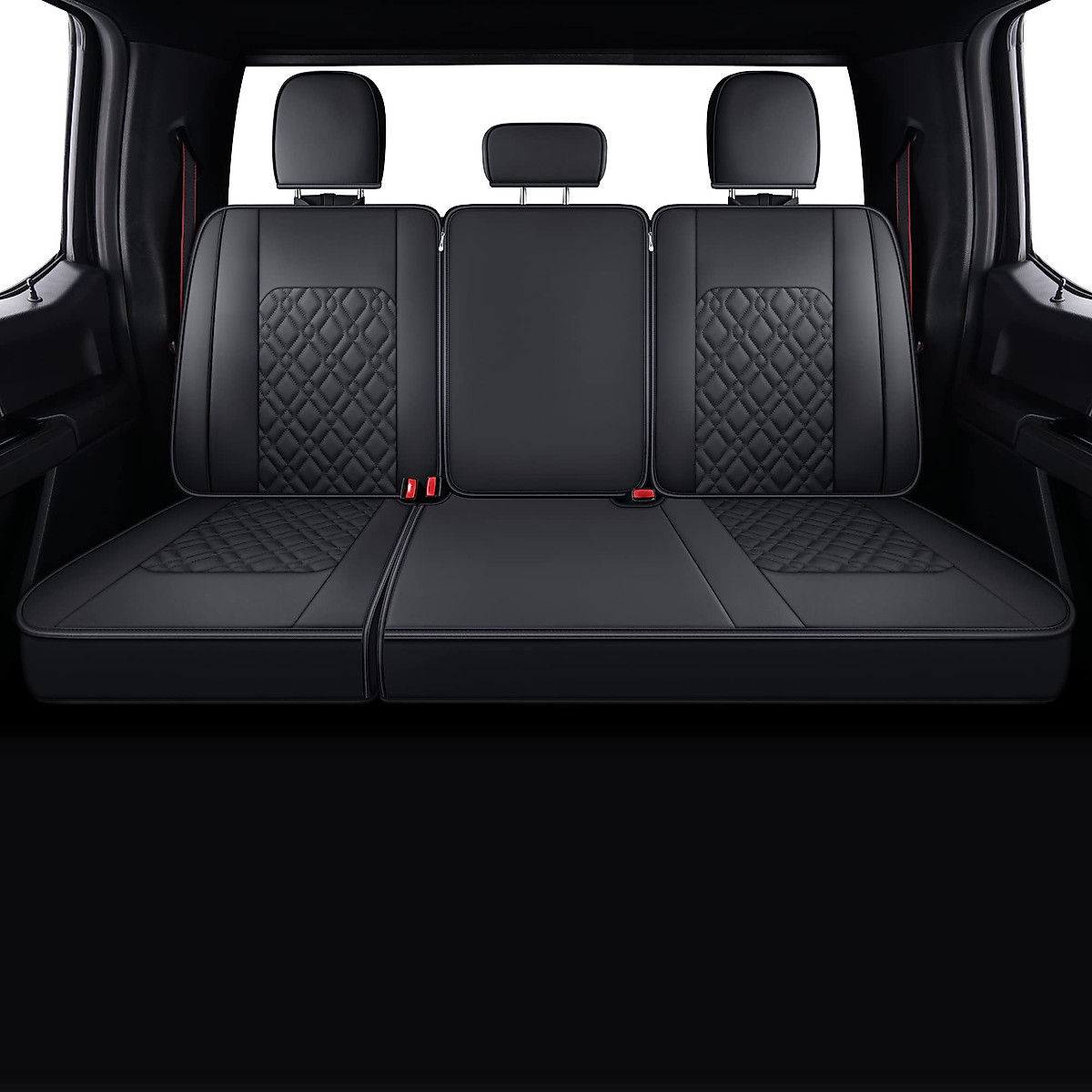 LUCKYMAN CLUB F150 Full-Set Seat Covers J03-Q3 with Waterproof Faux Leather, Fit 2015-2024 Ford F150 and 2017-2024 F250 F350 F450 (Full Set, Black)