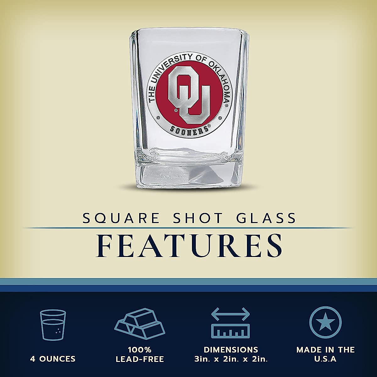Heritage Pewter University of Oklahoma Square Shot Glass | Hand-Sculpted 1.5 Ounce Shot Glass | Intricately Crafted Metal Pewter Alma Mater Inlay