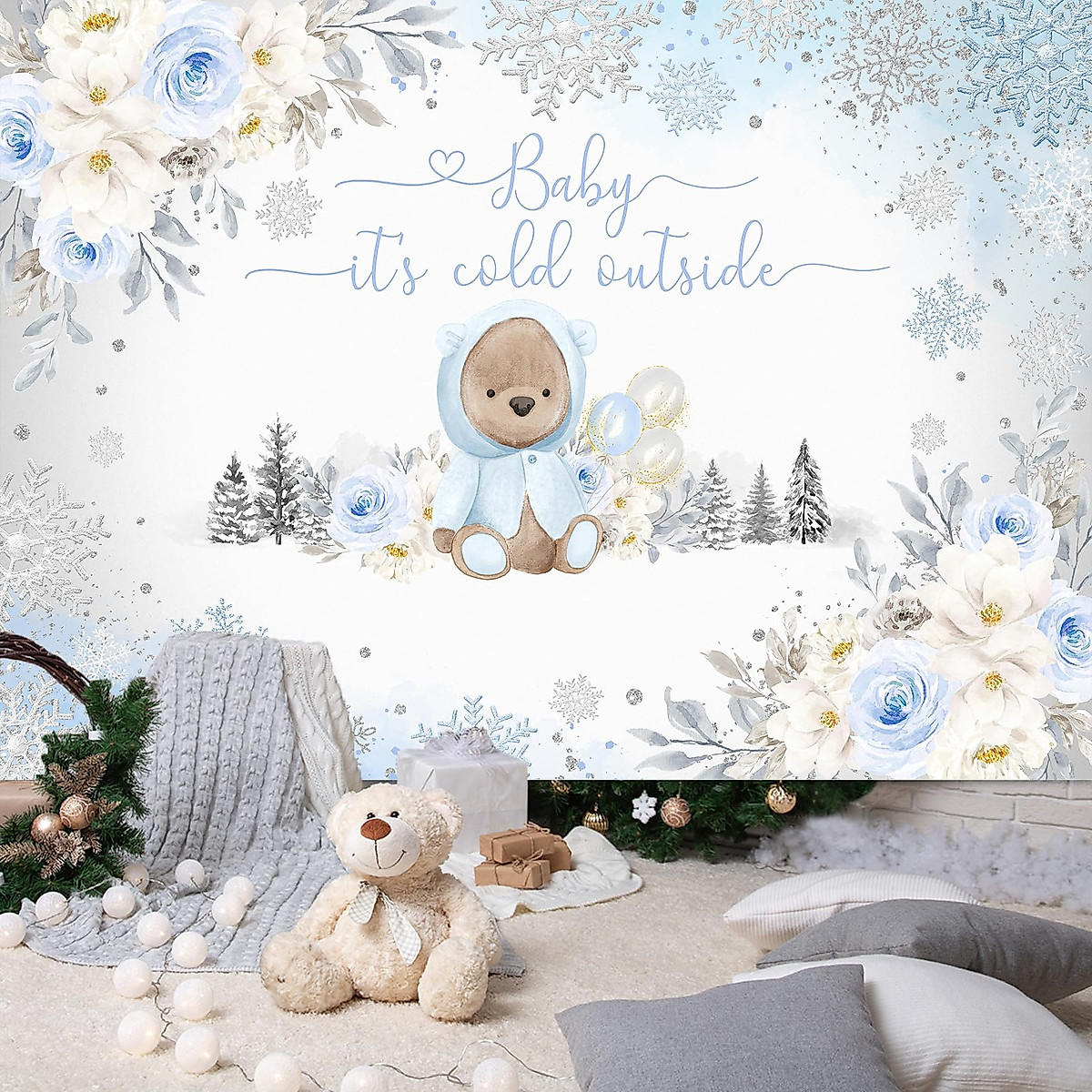 Avezano Winter Bear Baby Shower Backdrop for Boy Baby It's Cold Outside Party Decorations Photography Background We can Bearly Wait Blue Snowflakes Baby Shower Photoshoot (7x5ft)