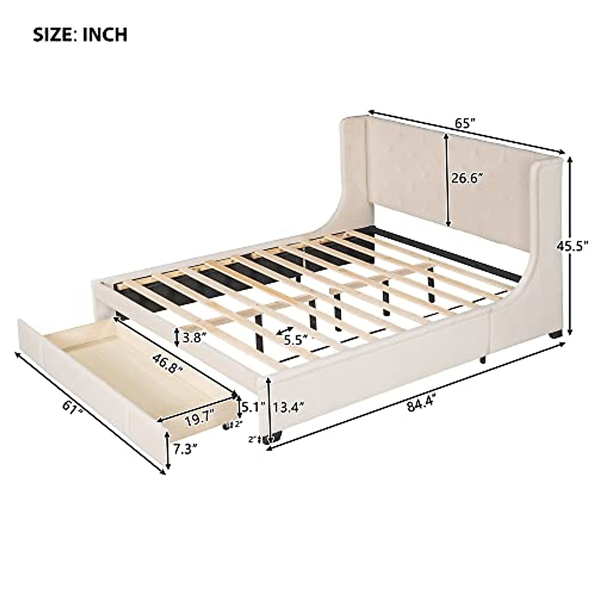 YuiHome Queen Size Velvet Upholstered Storage Bed, Wood Platform Bed Frame with Wingback Headboard and a Big Drawer,Beige