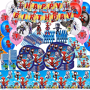 Spidey And His Amazing Friends SPlDERMEN Theme Birthday Party Decoration And Tableware Include Plates, Birthday Banner, Table Cloth, Sling, cups, straws, Coco-melon Balloons for Kids and Forks for Kids Fans Party Favors Baby shower