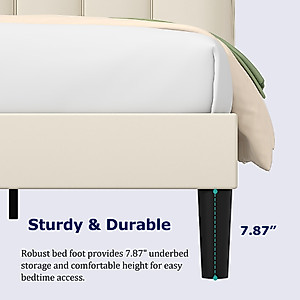 VECELO Full Bed Frame with Upholstered Headboard, Heavy-Duty Platform Bedframe with Strong Wooden Slats Support, No Boxing Spring Needed, Pale Beige