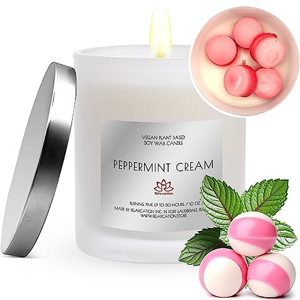 Soy Wax Candle Peppermint Cream 10 oz in Big Glass Jar and Giftable Box - Clean Burn up to 80 Hours - Great Gift for Holidays, for Christmas, Gift for Women, for Home Decoration, for Men