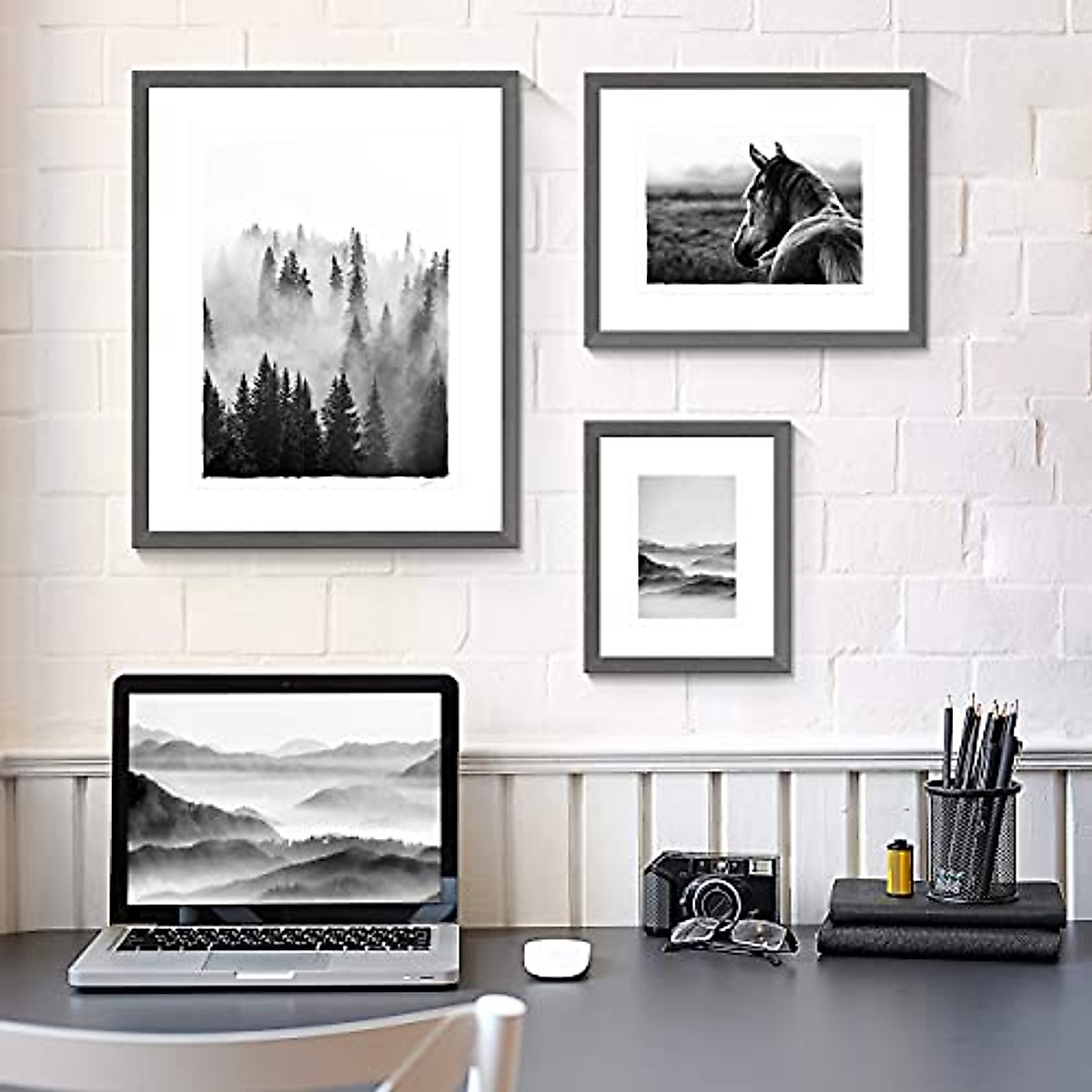 SunFlax Nature View Pictures Prints Framed - Mysterious Foggy Scenery Photography Black and White Wall Art with Wooden Frame for Bathroom, Living Room, Bedroom, Office 3 Panels