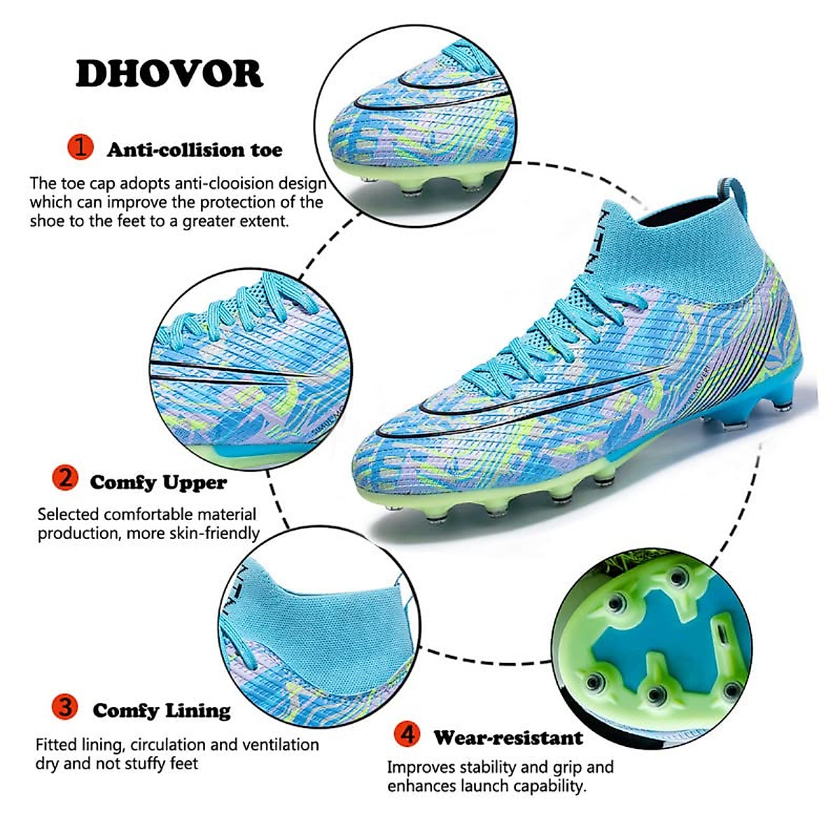 DHOVOR Womens Soccer Cleats Youth Football Cleats High-Top Athletics Football Trainers Outdoor and Indoor Soccer Shoes Womens Blue