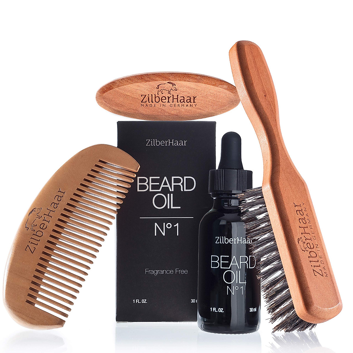 ZilberHaar Beard Oil and Brushes Bundle - Regular Beard Brush Stiff + 1oz Beard Oil + Beard Comb + Pocket Beard Brush Stiff