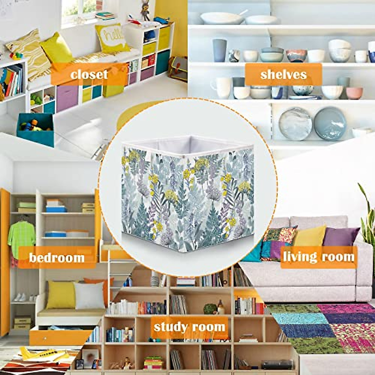 Kigai Yellow Flowers Leaves Cube Storage Bins - 11x11x11 In Large Foldable Storage Basket Fabric Storage Baskes Organizer for Toys, Books, Shelves, Closet, Home Decor