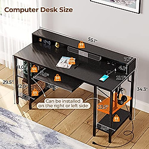 Rolanstar Computer Desk with LED Lights & Power Outlets, 55” Gaming Desk with Storage Shelves, Home Office Desk with Keyboard Tray & Monitor Stand, with Hooks, Carbon Fiber Surface Black