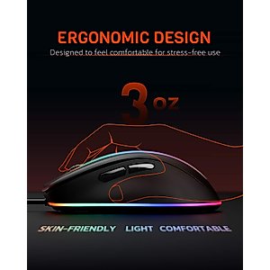 DAREU Wired Gaming Mouse, 6400DPI,6 Programmable Buttons, Ergonomic RGB Gaming Mouse with 16.8 Million Chroma 7 Backlit for PC, Laptop, and Notebook