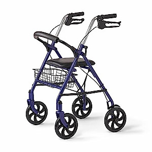 Medline Steel Rollator With 8 Inch Wheels, Folding Rolling Walker, Adjustable Arms, Supports 300 Lbs, Blue