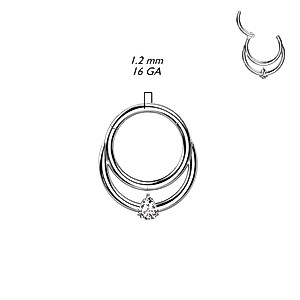 Pierced Owl 16GA F136 Implant Grade Titanium Double Hoop with CZ Crystal Teardrop Center Hinged Segment Ring (Gold Tone)