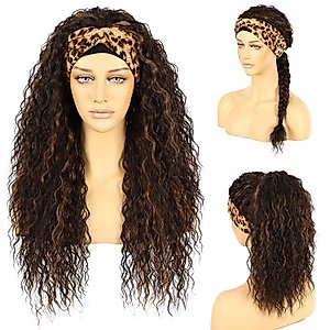 SOMIARIK Headband Wigs for Black Women Natural Hairline Synthetic Brown Loose Curly None Lace Front Wigs for Black Women Glueless Machine Made Wig Wavy pre plucked Headband Wigs 26 Inch