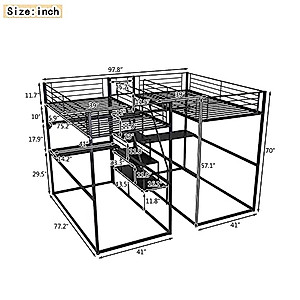 ATY Twin Over Twin Bunk Bed with 2 Desks and Shelves, 4-in-1 Metal Bedframe w/ 3 Storage Staircase & Safety Guardrail, Maximum Space Design, for Kids Bedroom, Dorm, Guestroom, Black
