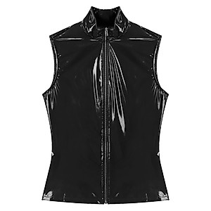 easyforever Women's Sexy Shiny Latex Zipper Sleeveless Vest Tops Slim Fitted Tank Blouse Clubwear Black XX-Large