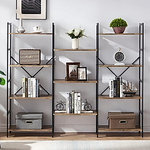 LIFUSTTG Triple Wide 4 Tier Bookshelf, Large Etagere Bookshelves and Bookcase Wood Metal, Industrial Book Shelf Open Display Storage Shelves for Living Room/Home Office