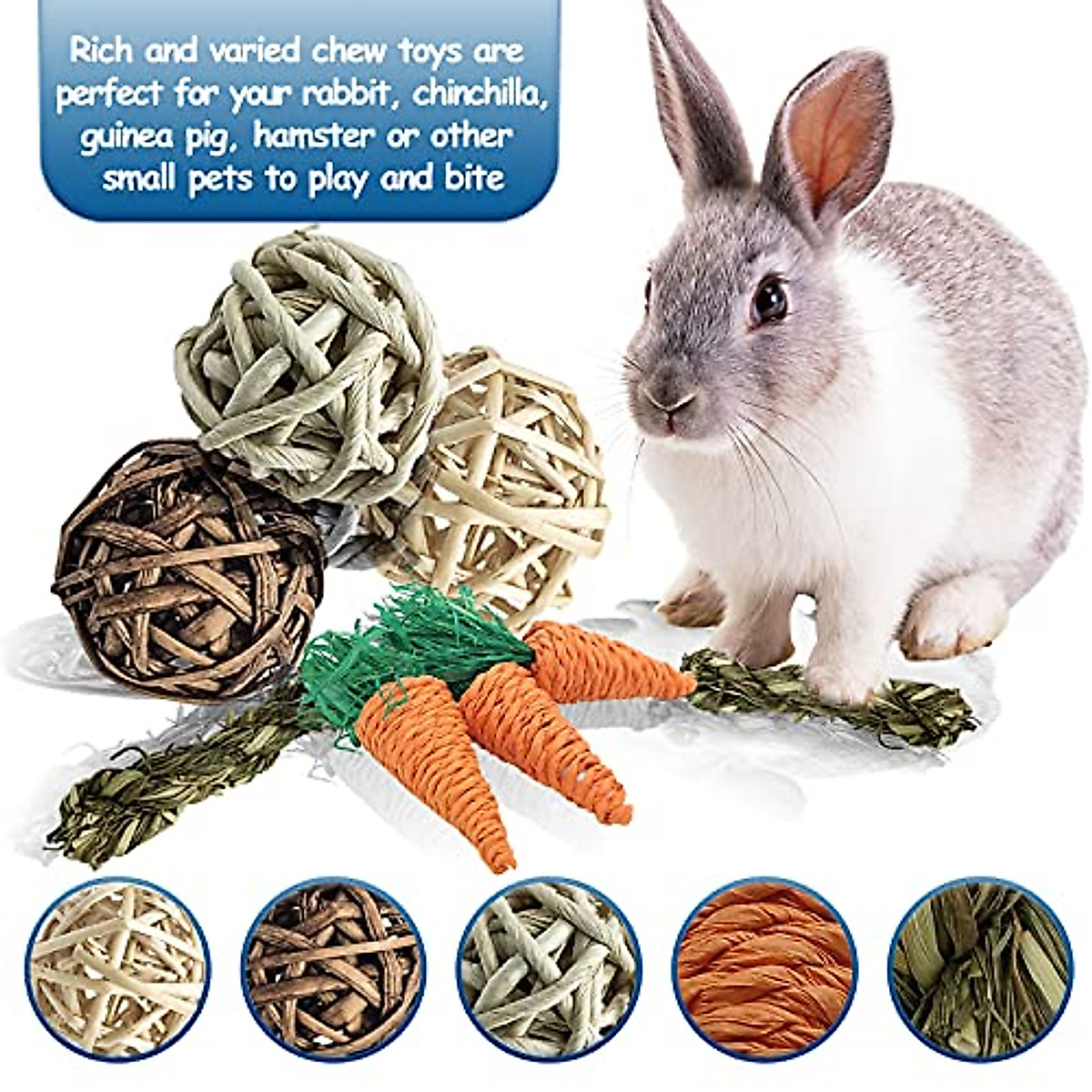 Hamiledyi Wood Rabbit Hay Feeder for Cage Bunny Hay Manger Rack Small Animals Feeding Holder Wooden Grass Dispenser with Chew Toys for Guinea Pig Chinchilla Hamster 9Pcs