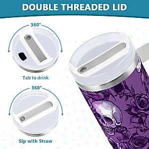 40 oz Car Tumbler Cup with Handle and Straw Lid for Water,Iced Tea or Coffee Purple Rose Skull Travel Mug Home Work Office Stainless Steel Water Bottle