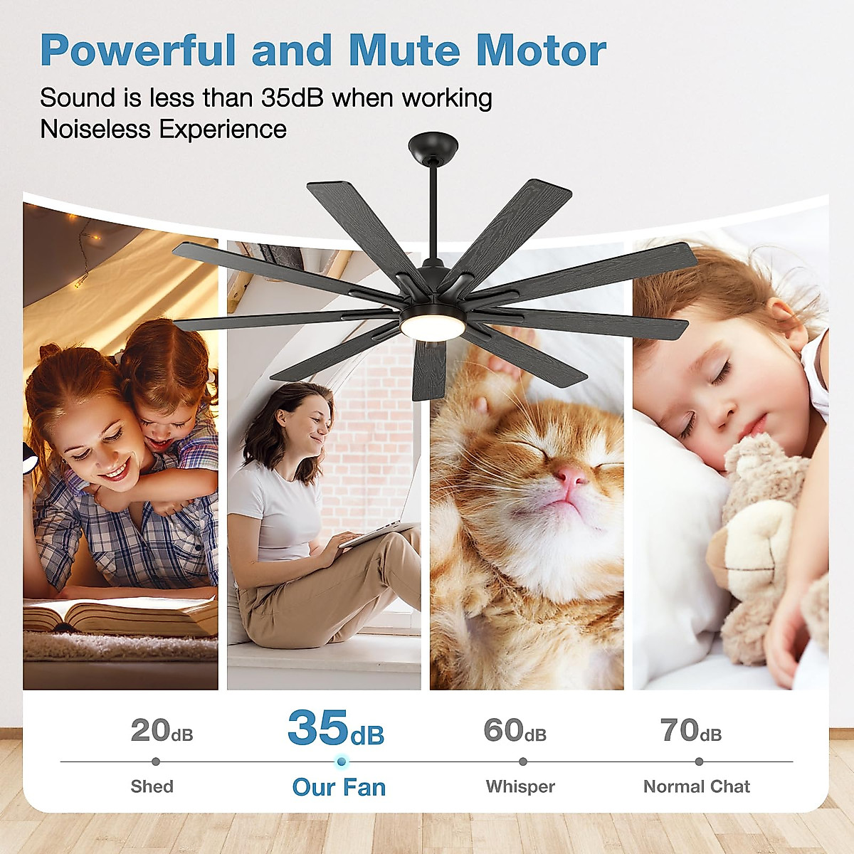 warmiplanet Ceiling Fan with Lights Remote Control, 62-Inch, Silent DC Motor, 6 Speed, Dimmable LED Light, Black(9-Blades)