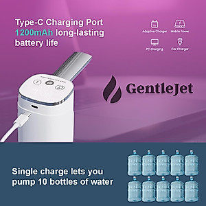 GentleJet Automatic Water Dispenser Pump for 5 Gallon Bottle - Digital Display, Type-C USB Charging, Portable Electric Water Pump, Foldable Spout, Quantitative & Continuous Dispensing (White - Silver)