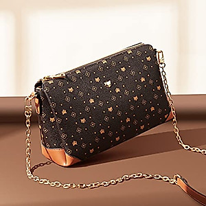 Womens Vegan Leather Crossbody Bags, PVC Faux Leather Satchel Bags for Women Brown Monogram Shoulder Bags Signature