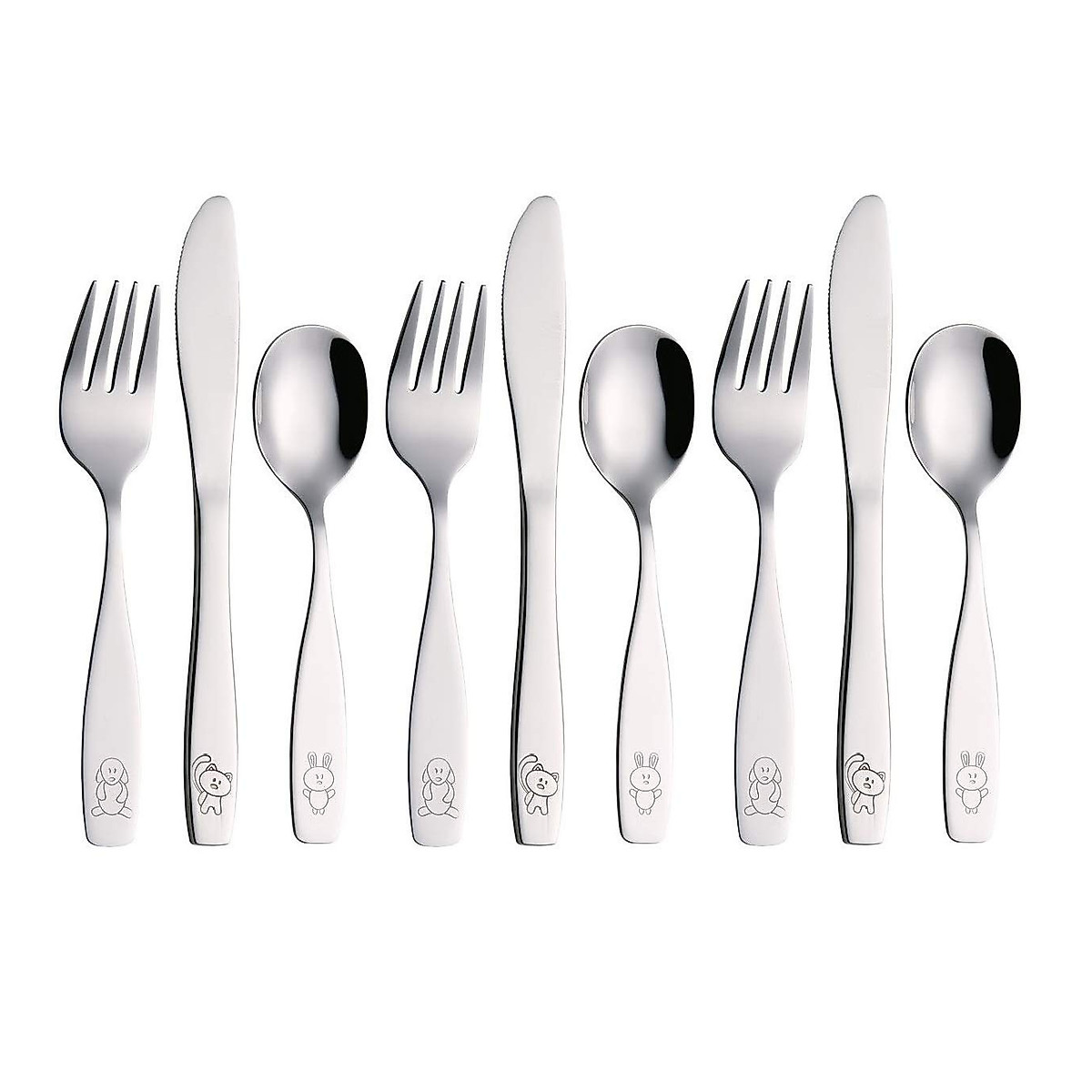 ANNOVA Children's Flatware 9 Pieces Set - Stainless Steel Cutlery/Silverware 3 x Safe Forks, 3 x Dinner Knife, 3 x Dinner Spoons - Safe Kids Toddler Utensils Lunch Box (Engraved Dog Cat Bunny)