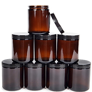 Vivaplex, Amber, 8 ounce, Round Glass Jars, with Black Lids - 8 pack