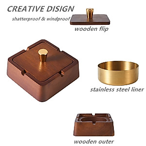 Ashtray Wooden Cigarette Ashtray Square Outdoor Ash Tray with Removable Stainless Steel Liner & Lid for Patio Office Home Decoration