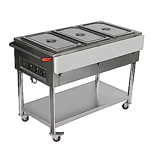 3-Pot Commercial Electric Food Warmer, Team Table Food Warmer 0-100℃ w/ 2 Lockable Wheels, Professional Stainless Steel for Steam Table Food Warmer Catering and Restaurants (3-Pot)