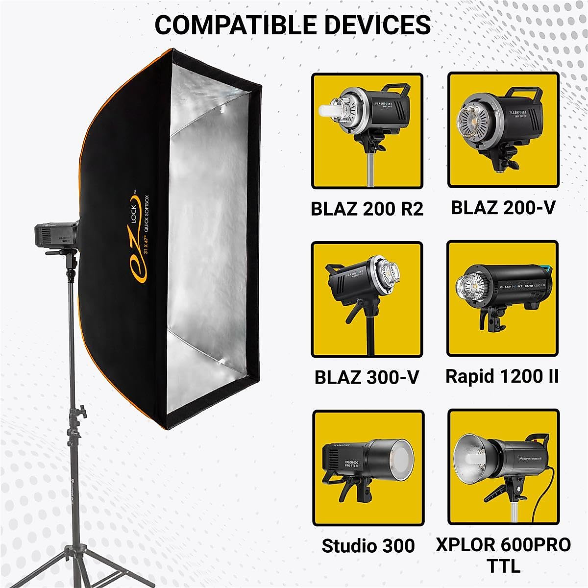 Glow EZ Lock 31x47 Quick Strip Rectangular Bowens Mount Softbox Lighting Kit with External, Internal Diffusers, Deflector Disk and Eggcrate Grid, Folding Softbox for Photography Studio Lighting