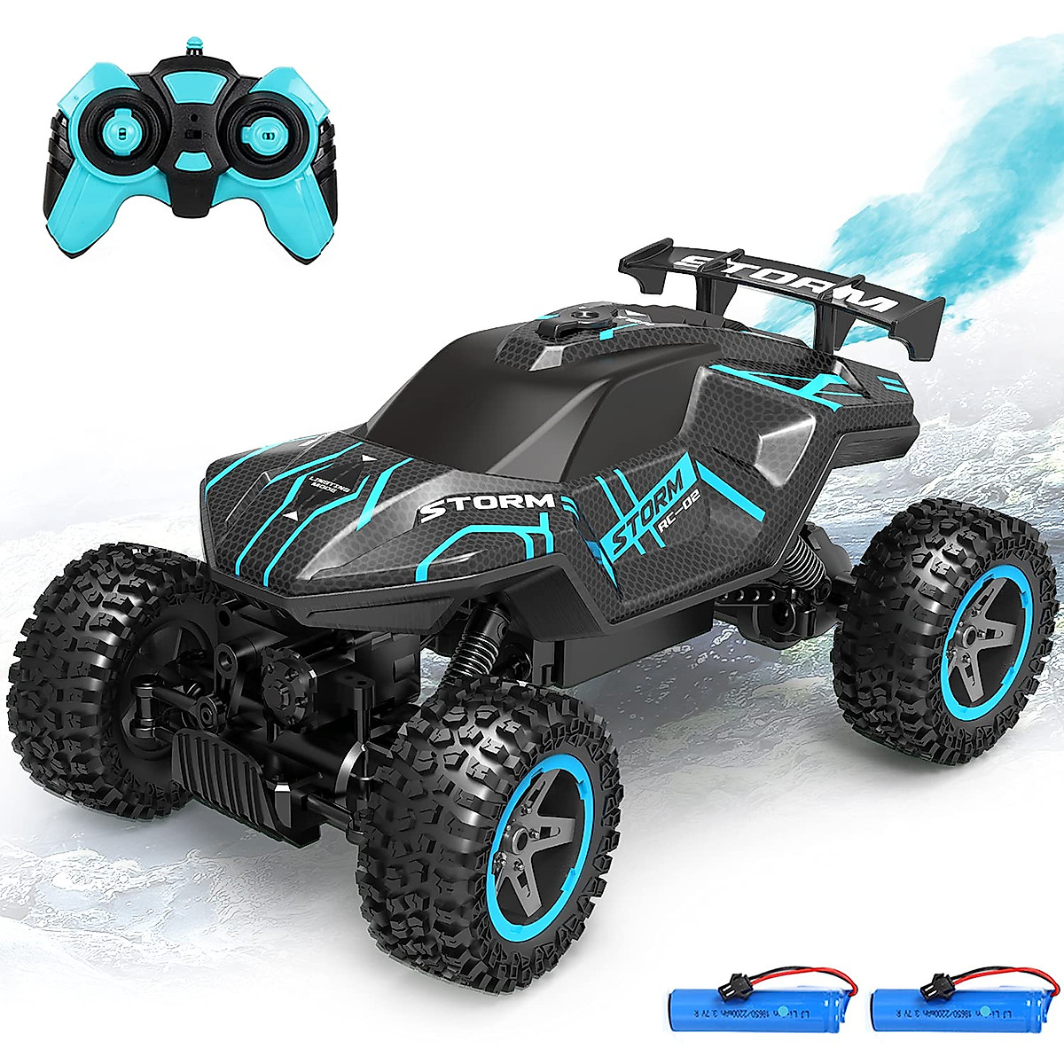 RC Cars Remote Control Car 1:16 4WD Off Road Rock Crawler, 2.4GHz All Terrain Monster Truck with Rear Fog Stream 5 LED Lighting Modes, 2 Battery for 60 Min Play, Toy Car Gift for Kids and Adults