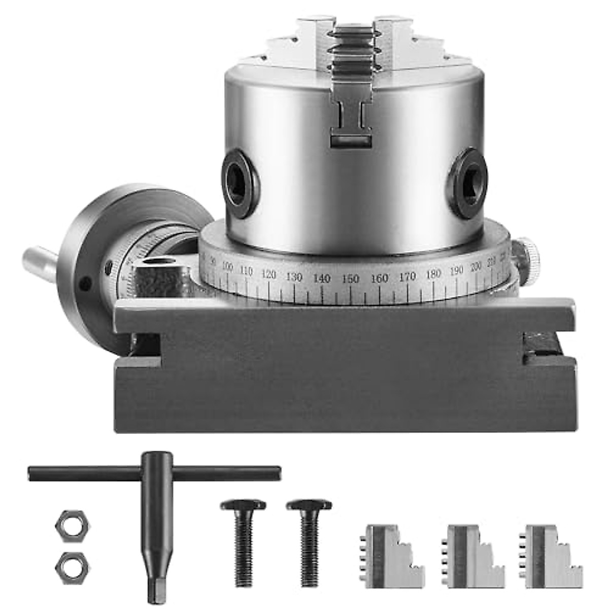 VEVOR Rotary Table for Milling Machines, 4''/ 100 mm, Horizontal Vertical Model Precision Milling Rotary Table, with 3.1''/80 mm 3-Jaw Chuck M10 T-Bolts Nuts, for Milling Engineering Indexing Tools