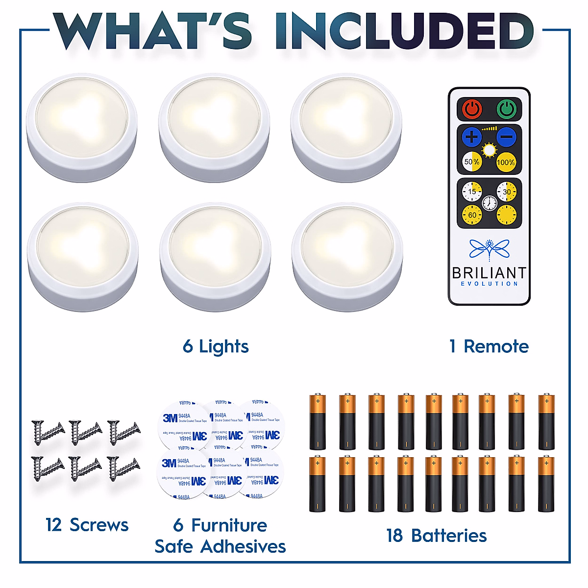 Brilliant Evolution Tap Light Push Lights 6pk w/Batteries + Remote, LED Stick On Lights Under Cabinets Battery Puck Lights with Remote - Under Counter Lighting Wireless Closet Kitchen Night Lights