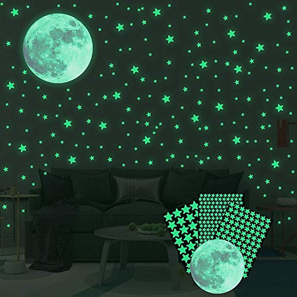 334pcs Glow in The Dark Stars Stickers, Luminous Stars and Moon Wall Stickers Decor for Kids Bedroom or Birthday Gift, Wall Decals for Any Room, Bright and Realistic