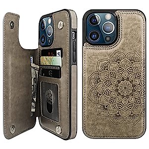 Vaburs Compatible with iPhone 13 Pro Max Case Wallet with Card Holder, Embossed Mandala Pattern Flower PU Leather Double Buttons Flip Shockproof Cover for Magnetic Car Mount 6.7 Inch (Gray)