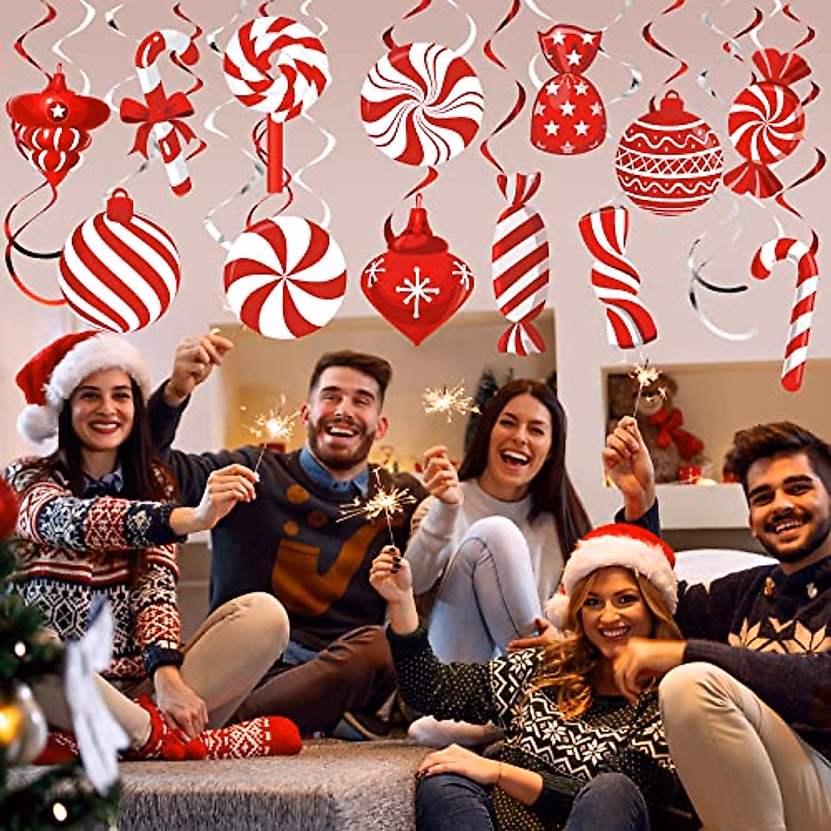 Christmas Peppermint Candy Hanging Decorations Christmas Candies Ceiling Hanging Swirls Xmas Party Ceiling Whirl Streamers For Home Winter Holiday Christmas Party Decor (Red White,Mixed Candy)