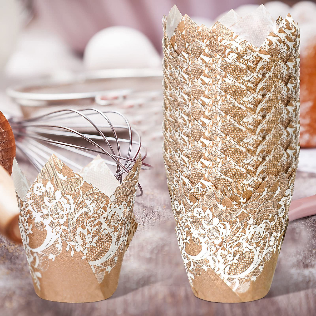 200 Pcs Wedding Tulip Cupcake Liners Bridal Shower Muffin Liners Baking Cups Greaseproof Paper Cupcake Wrappers Cupcake Holders for Party Wedding Girls Birthday Decoration (Lace)