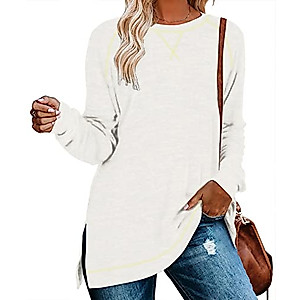 NILOUFO Womens Long Sleeve T Shirts Casual Blouses Trendy Tops Side Split Tunics(White, Large)