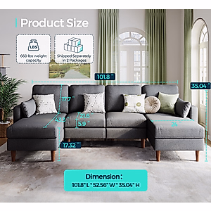 LINSY HOME Convertible Sectional Couch, Bouclé U-Shaped Sofa with Double Chaises and 2 Pillows, 4-Seat Modern Deep Oversized Couch for Living Room, Dark Grey