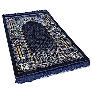 Modefa Islamic Prayer Rug - Double Plush Large & Wide Velvet Carpet - Traditional Muslim Janamaz Sajada - Thick Turkish Prayer Mat for Men & Women- Ramadan or Eid Gift - Floral Mihrab (Navy Blue)