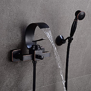 Wovier Oil Rubbed Bronze Waterfall Wall mount Bathtub Faucet,Single Handle Tub & Shower Mixer with Hand Held Shower Set,Black