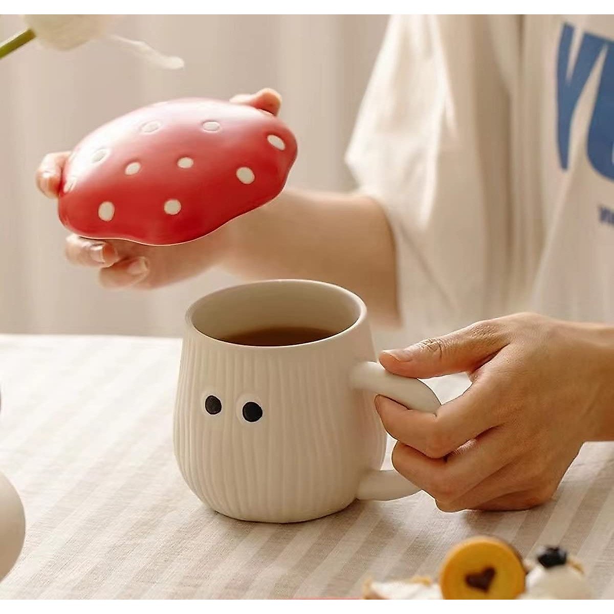 RESVUGA Cute Mushroom Mug with Lid, Handmade Glaze Cover & Eyes, Safety Matt Ceramic Milk Mugs, 12OZ Cartoon Tea Cup. Best Gifts for Women & Girls.