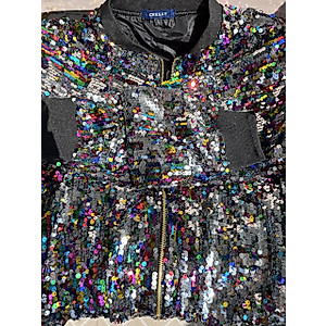 Cresay Women's Sequin Fitted Long Sleeve Zipper Blazer Bomber Jacket-Rainbow S